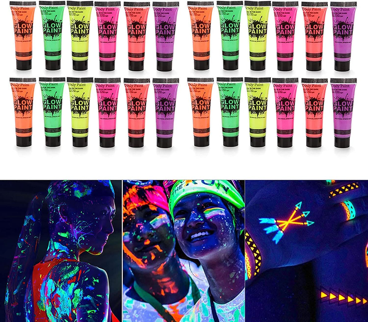 24 Tubes 25ml Art Body Paint Glow inLight Face & Body Paint with 6 Col ...