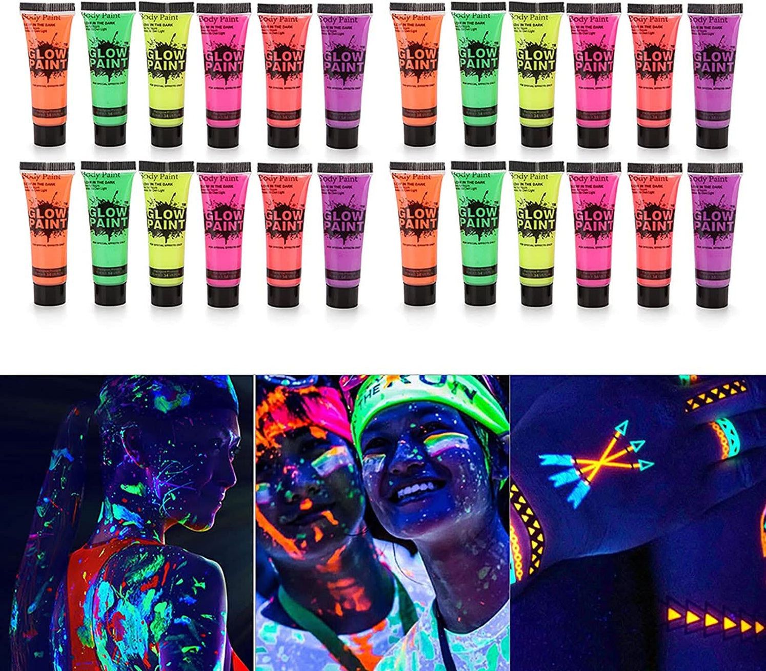 6 Tubes 25ml Art Body Paint Glow inLight Face & Body Paint with 6 Colo ...