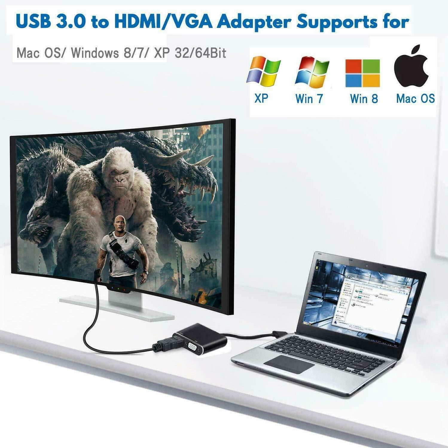 USB 3.0 to HDMI + VGA Full HD & 4K Video Adapter Cable Converter ...